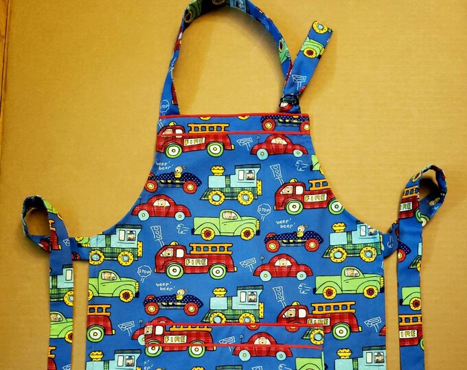 Fire Truck Child Apron, Truck and Car Print Apron With Pockets, Toddler ...