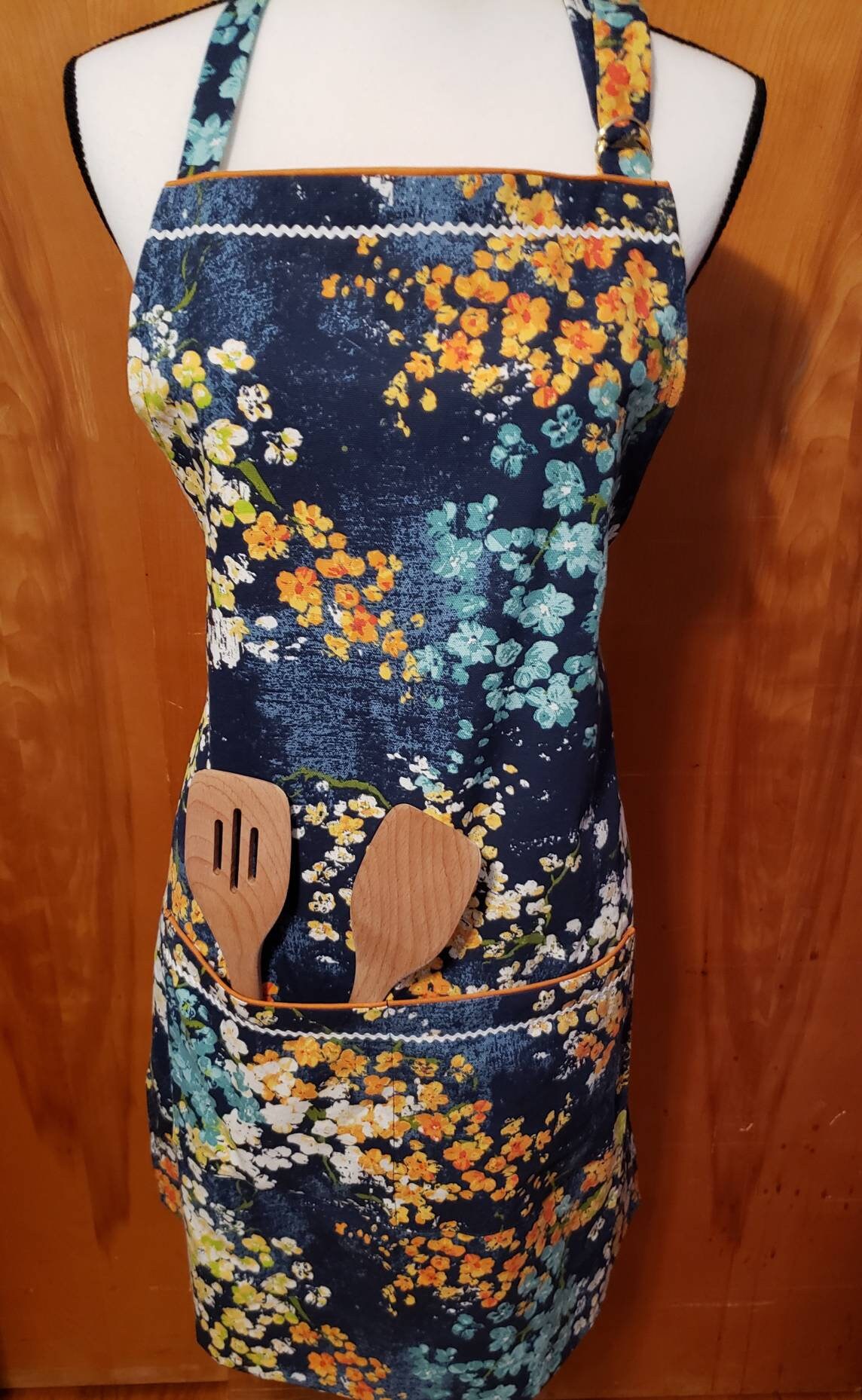 Floral Design Full Apron With Pockets Womens Denim Garden | Etsy
