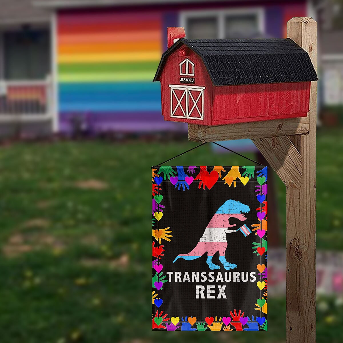 Trans Saurus T-rex Dinosaur In Transgender Flag, Transgender Pride Flag