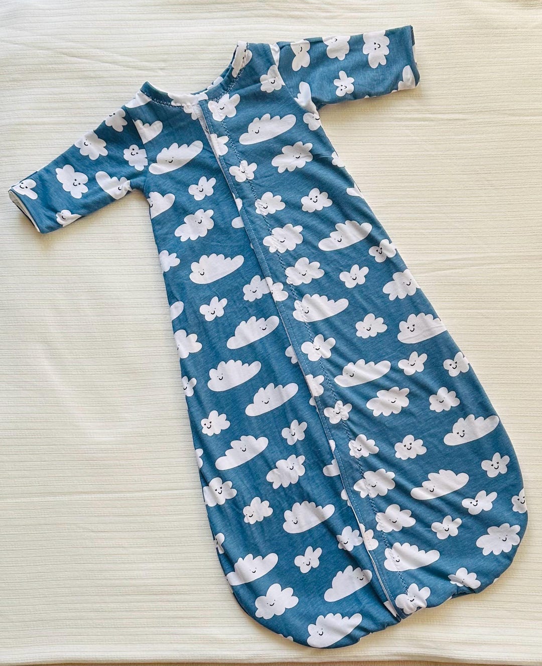 Happy Little Clouds on Denim Blue, 100% Cotton, Double Layered Sleep ...
