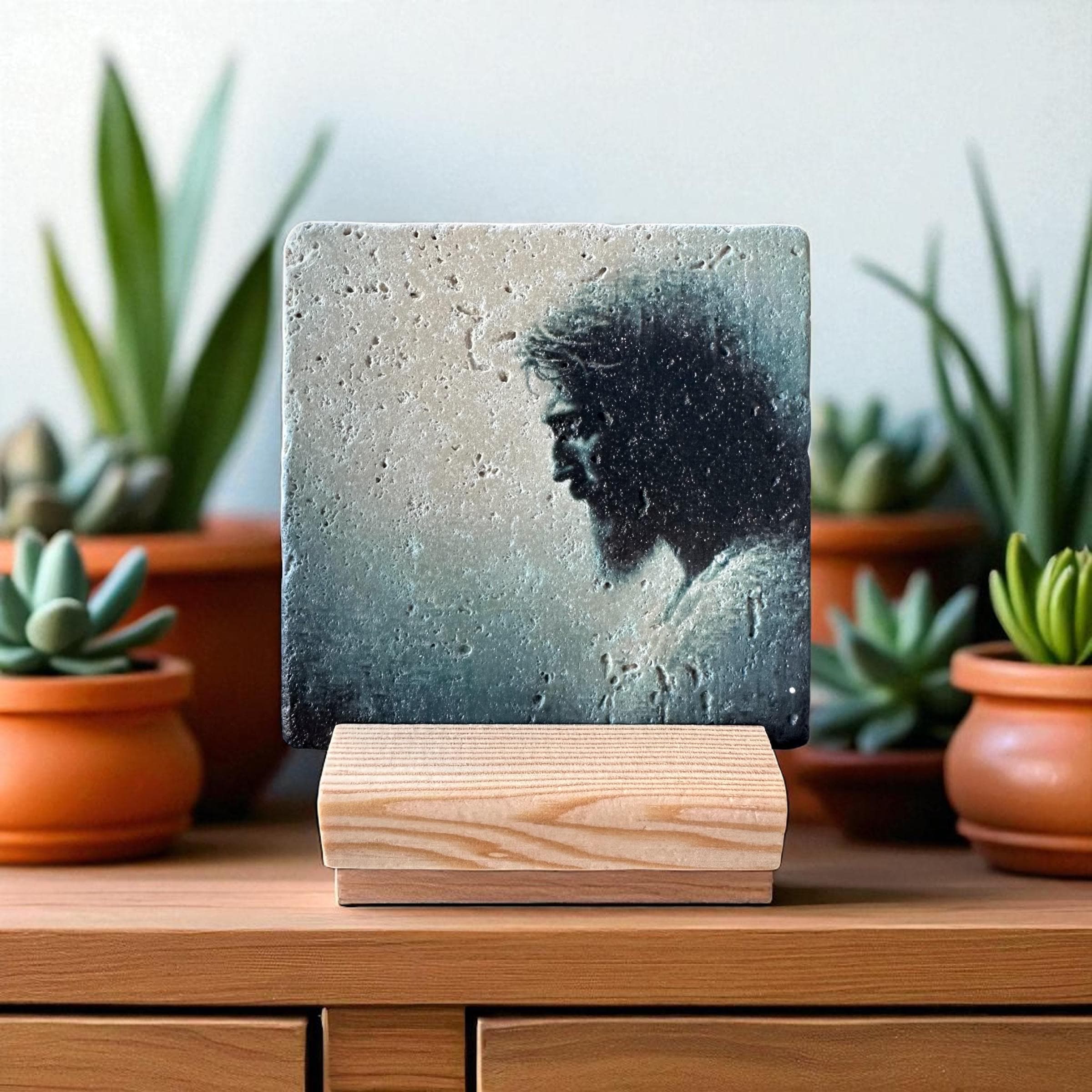 Jesus Christ Art on Travertine Stone Tile With Wooden Stand Desk Table ...