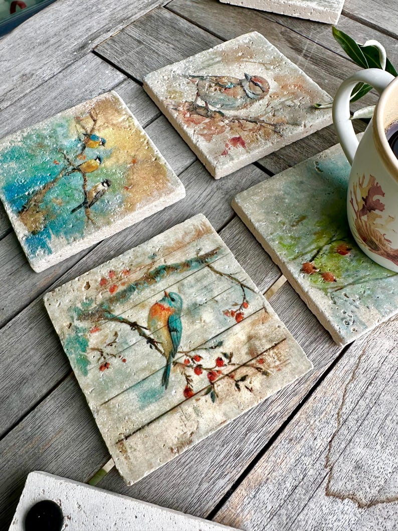 Set of 4 Bird Song Travertine Coasters, Rustic Natural Stone Drink Mat ...