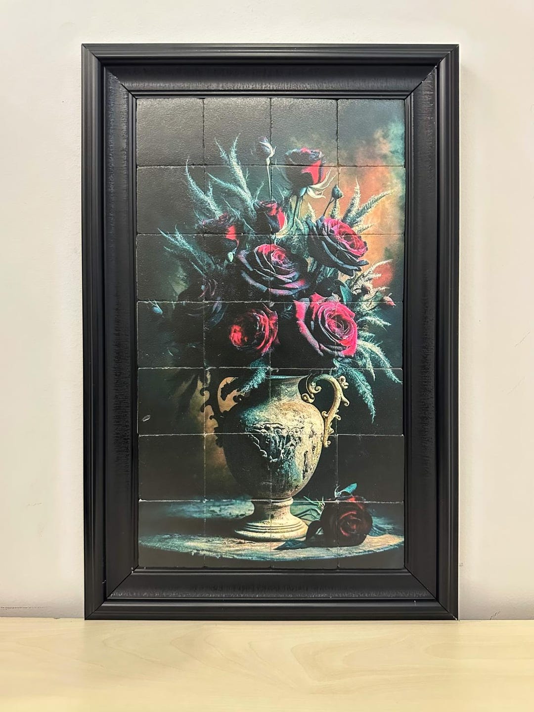 Gothic Romantic Flower Painting on Stone Vintage Style Dark Floral Wall ...