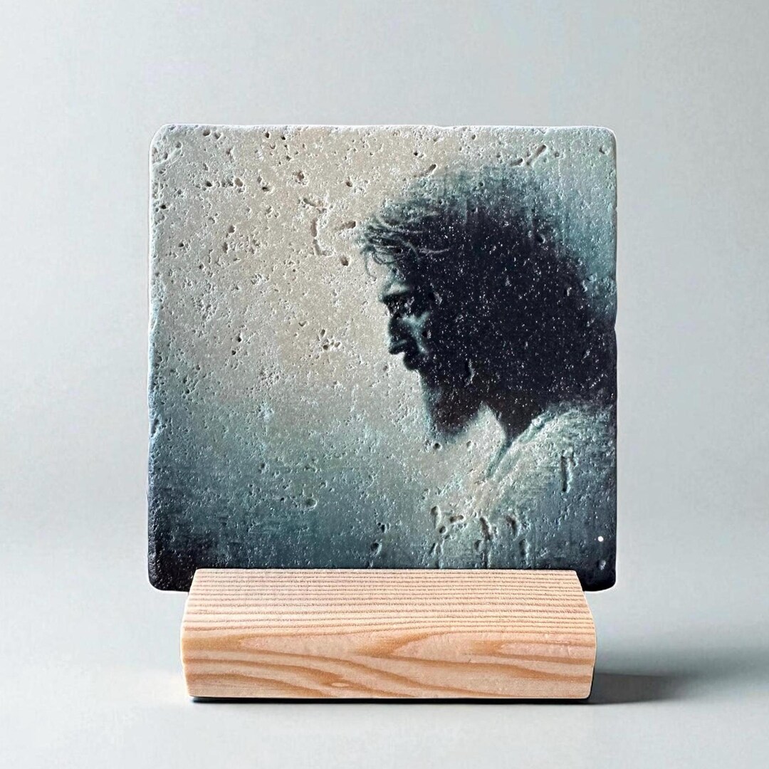 Jesus Christ Art on Travertine Stone Tile With Wooden Stand Desk Table ...