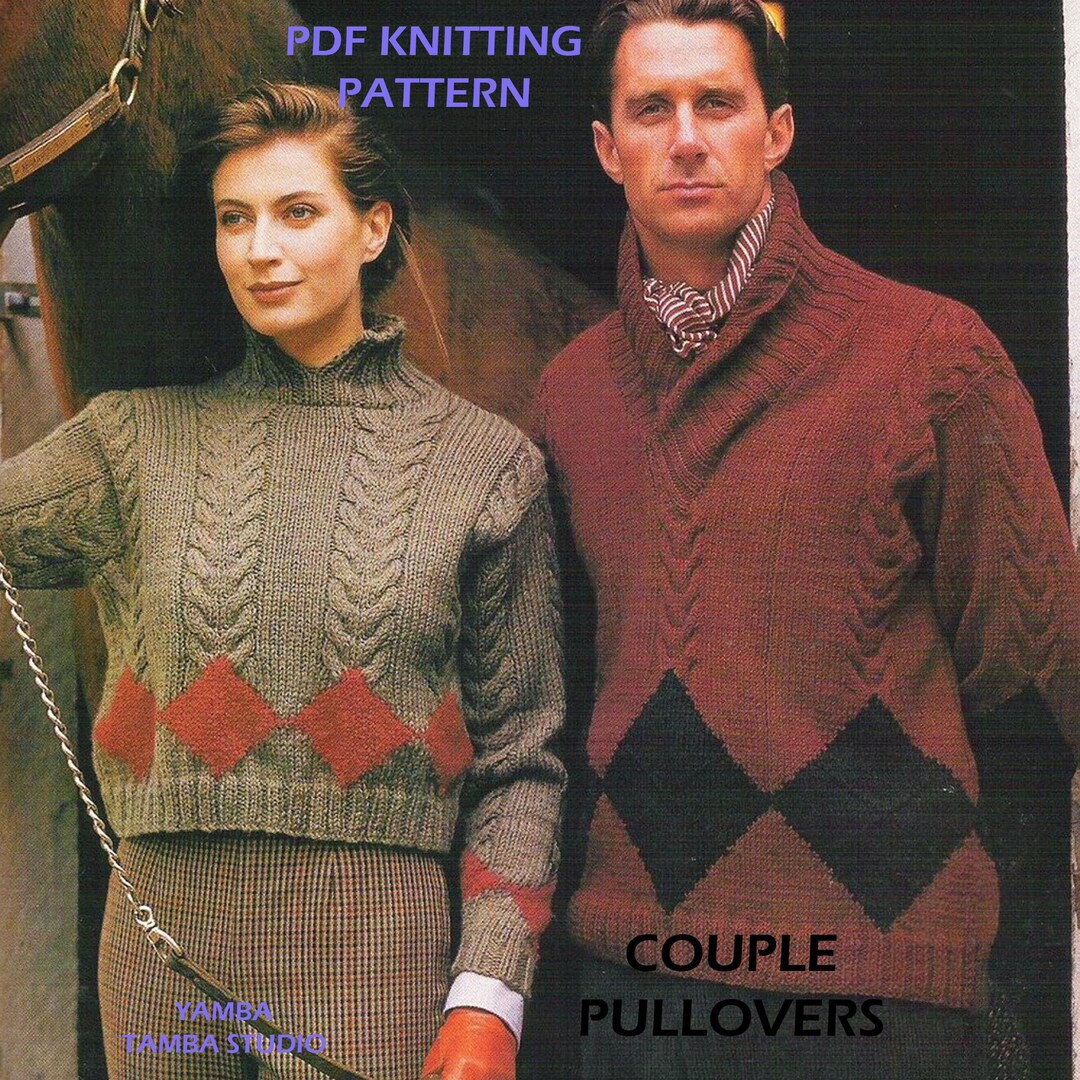 Aran Couple Pullover Knitting Pattern | Argyle Sweater Duo Timeless Men ...