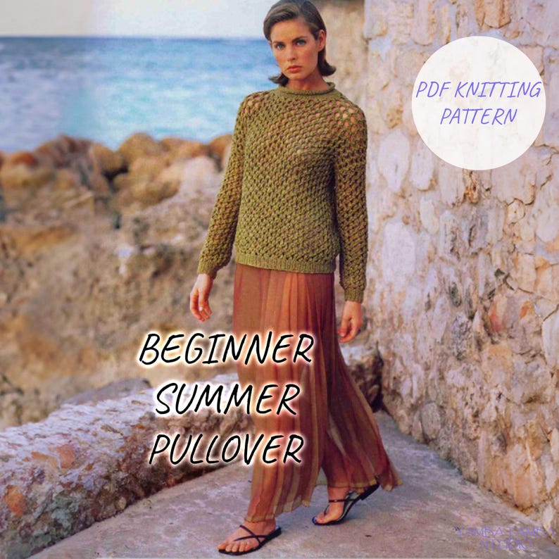 Beginner-friendly Knitting Pattern PDF Women's Summer Moss Green Openwork Pullover | Vintage ...