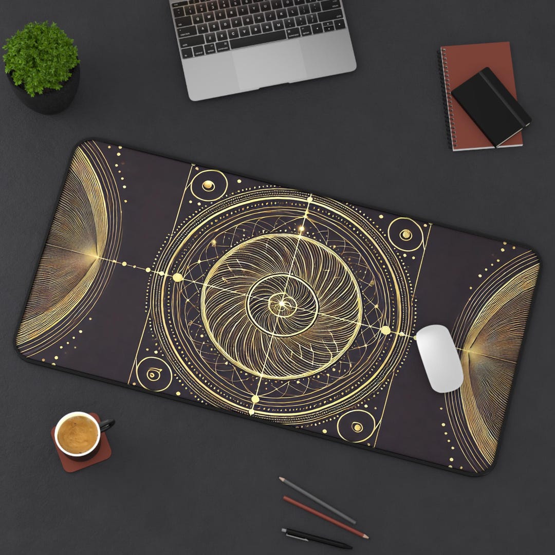 Sacred Geometry Desk Mat | Gold Fibonacci Spiral on Black, Minimalist ...