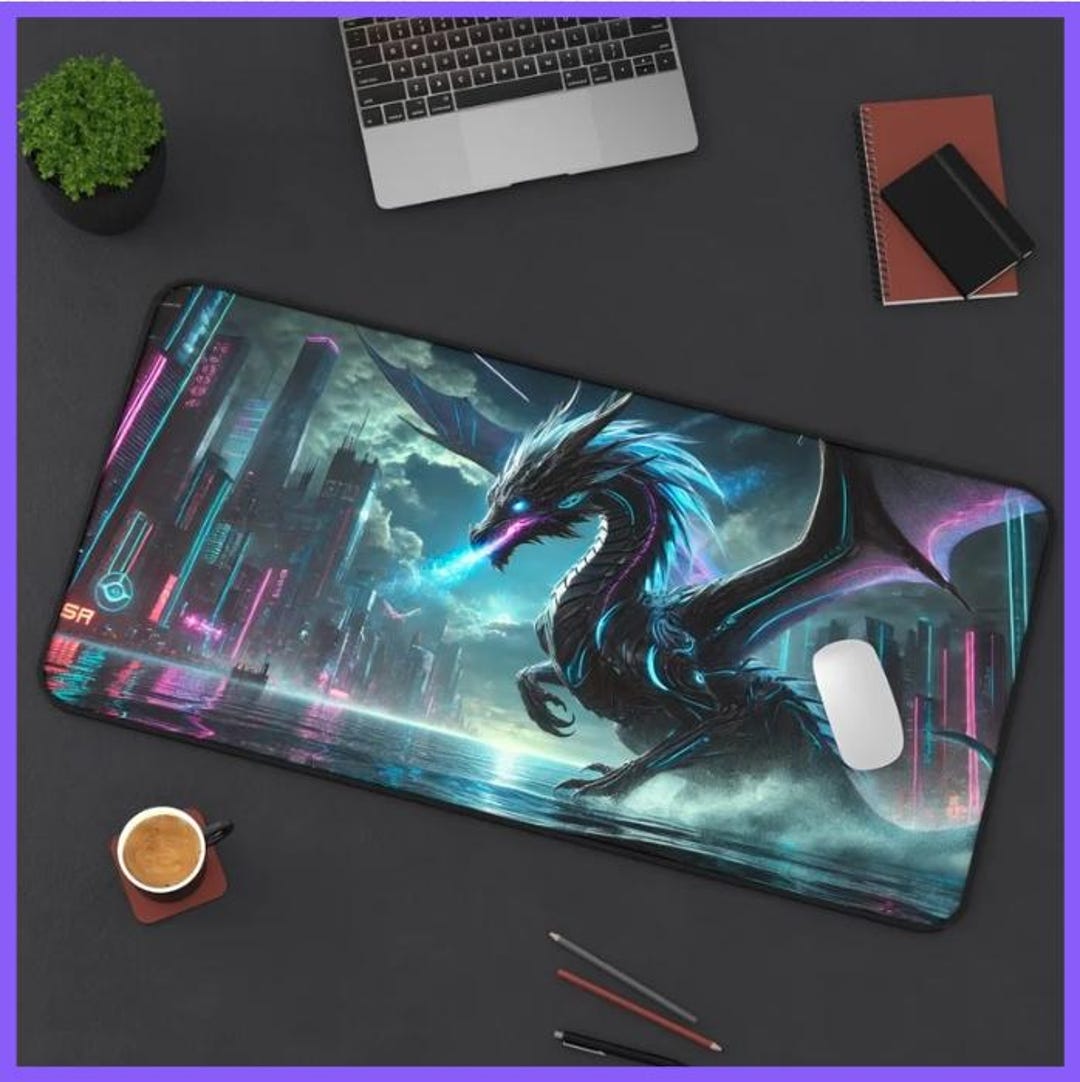 Cyberpunk Desk Mat – Neon Skyline With Futuristic Dragon Design, Blue ...