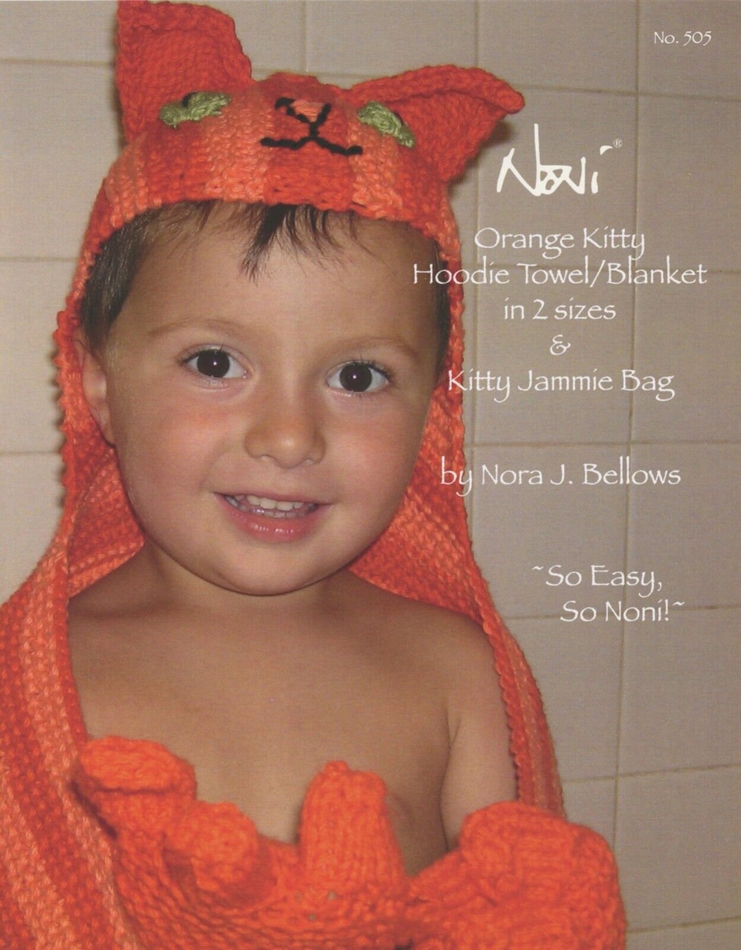 Noni Knitting Pattern 505 Orange Kitty - Hoodie Towel / Blanket in 2 Sizes and Kitty Jammie Bag ...