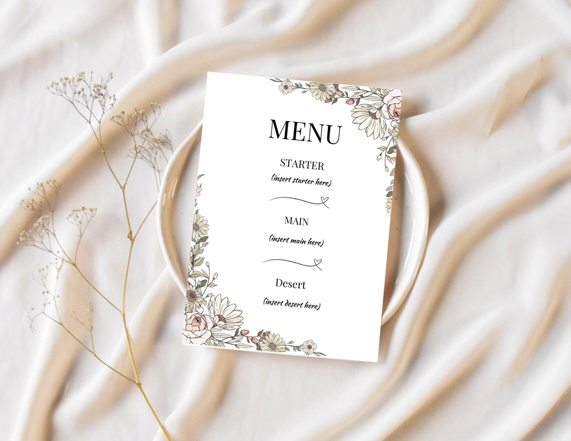 Wedding Menu Template | Elegant Printable Dinner Menu (instant Download ...