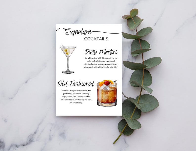 Custom Signature Drink Menu Template | Editable Wedding Cocktail Menu ...