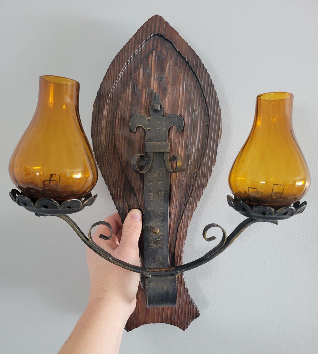 Vintage/medieval Wooden Candle Wall Sconce With Amber Glass Hurricane ...