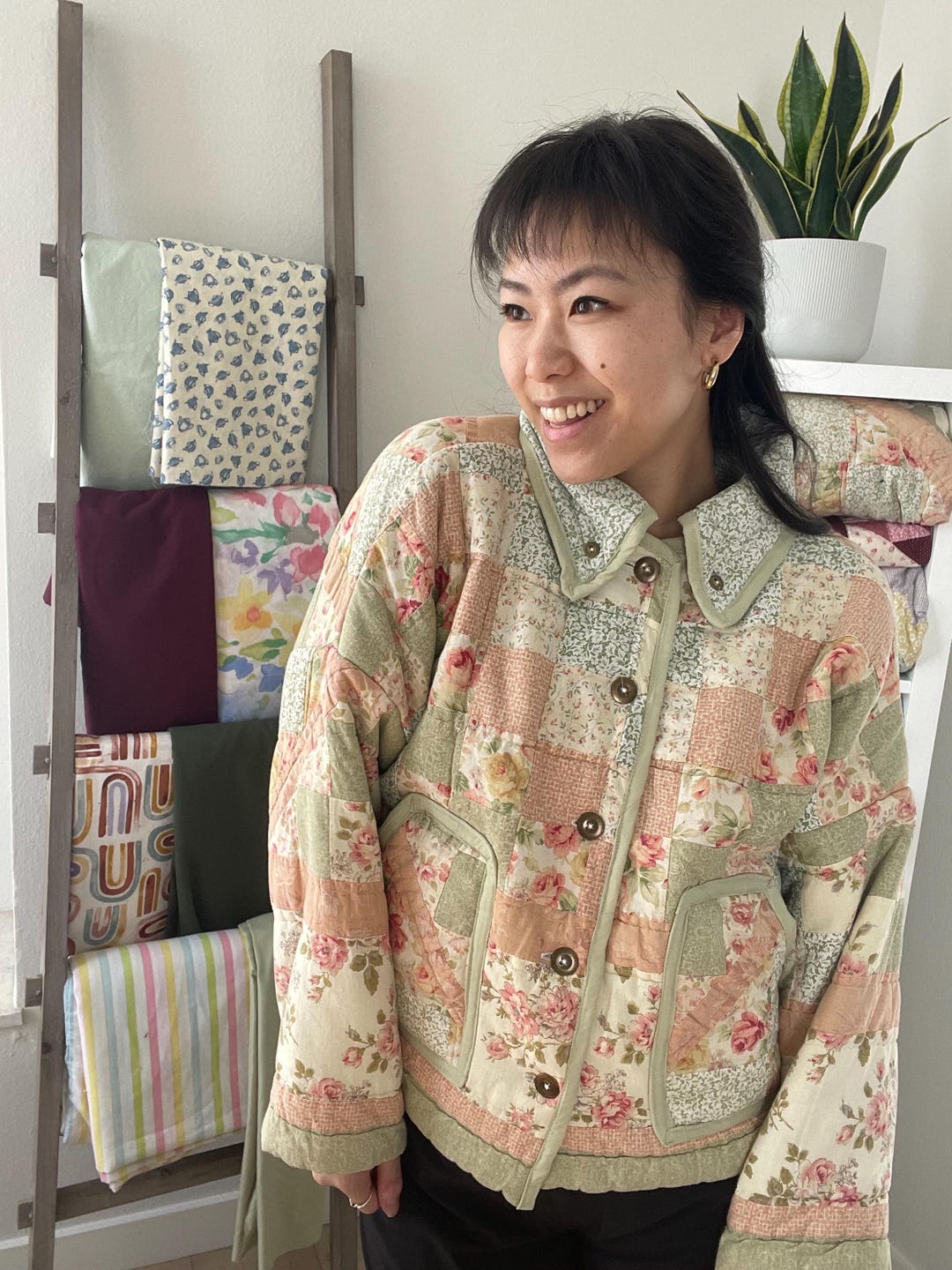 Cottage Core Quilt Jacket in Pink + Green! Custom, Upcycled, Handmade ...