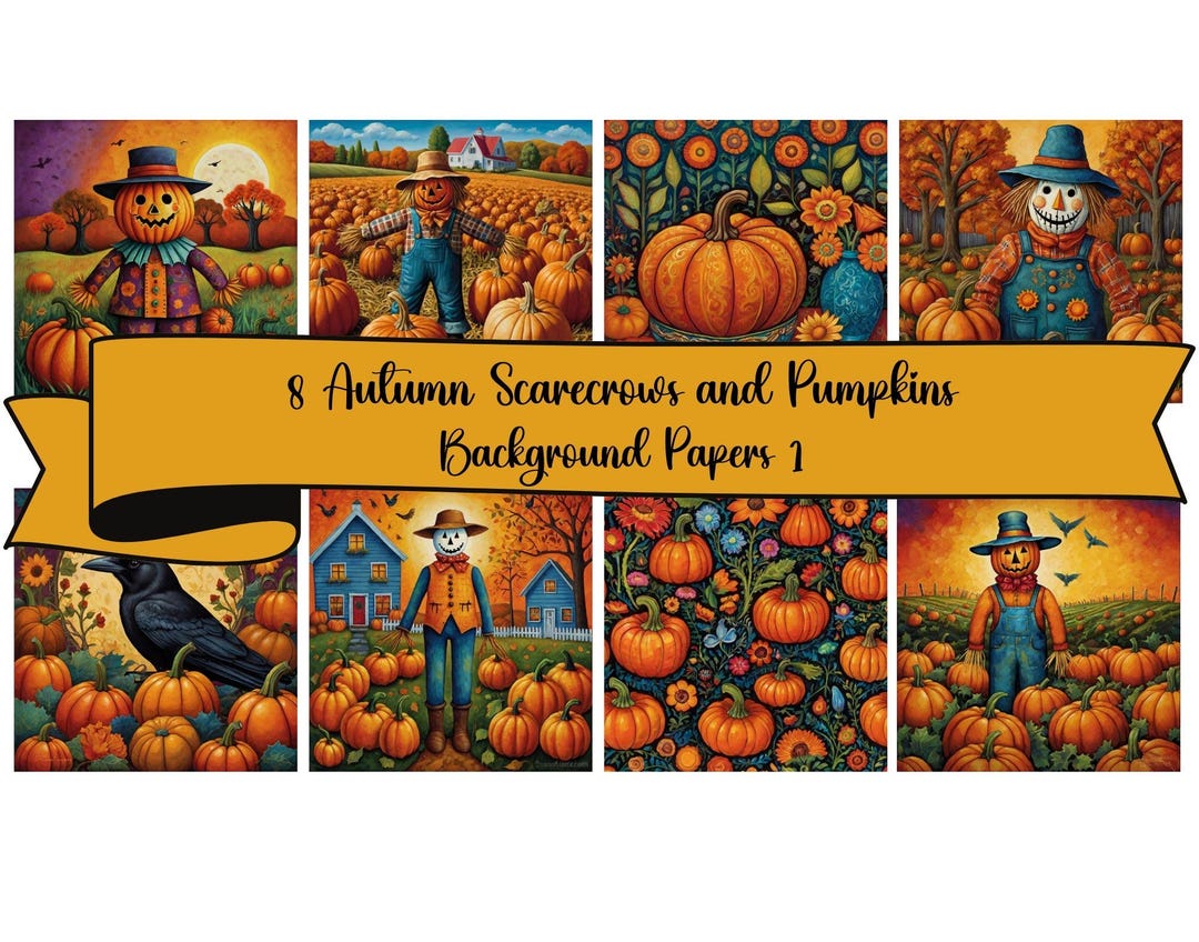 8 Bright Autumn Scarecrows and Pumpkins #1 Background Sheets, JPG ...