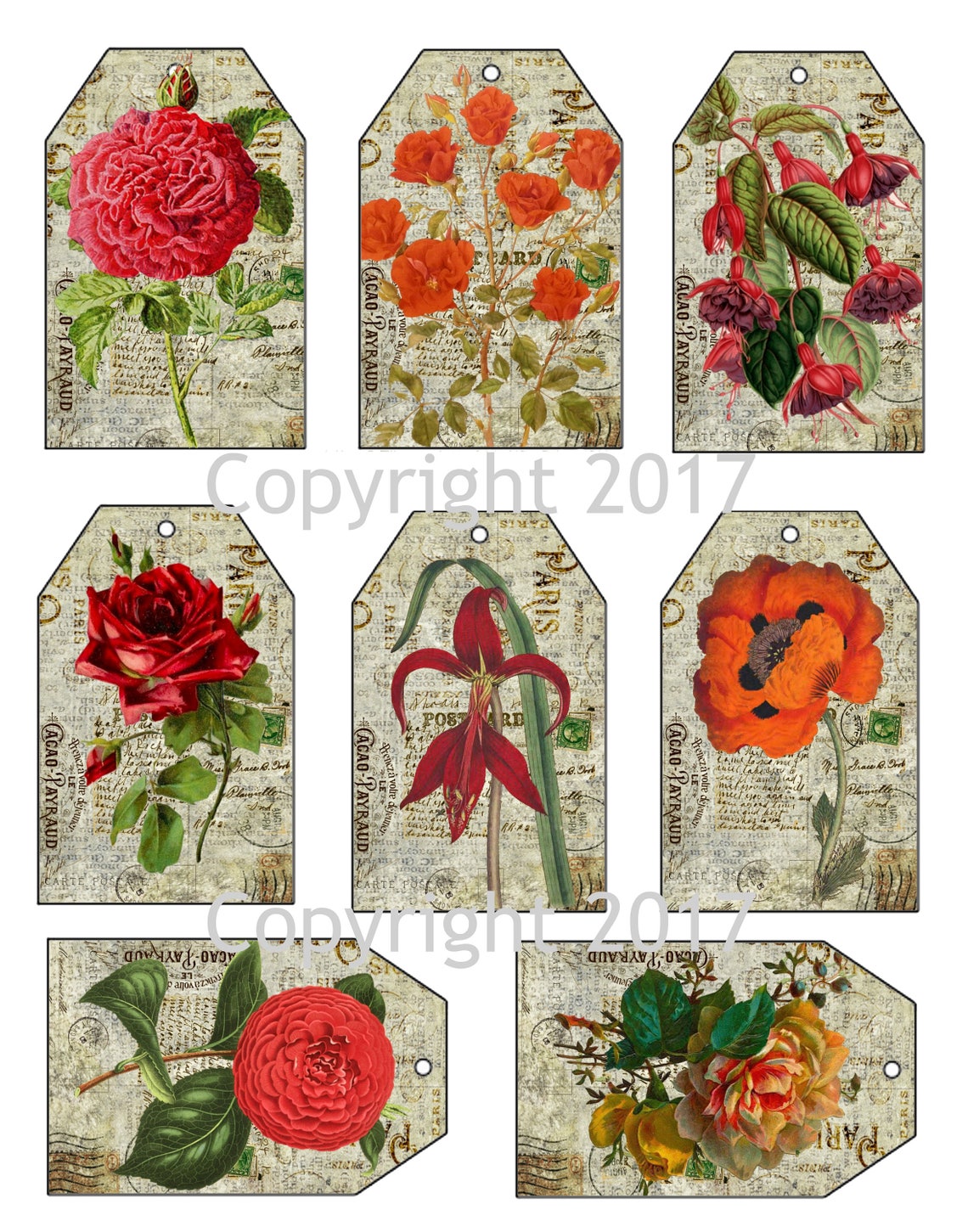 8 Vintage Botanical Flowers Gift Tags 102 Labels Instant | Etsy
