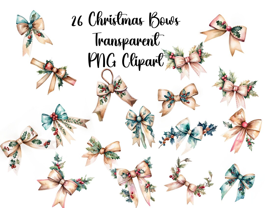 26 Christmas Bows Clip Art Images, Transparent PNG Files, POD, Instant ...