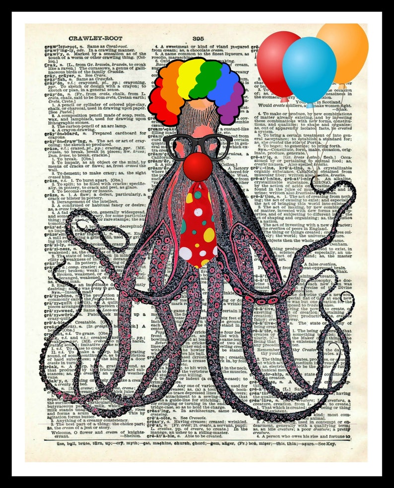 Vintage Art Print "octo Clown" Octopus on Vintage Dictionary Page ...
