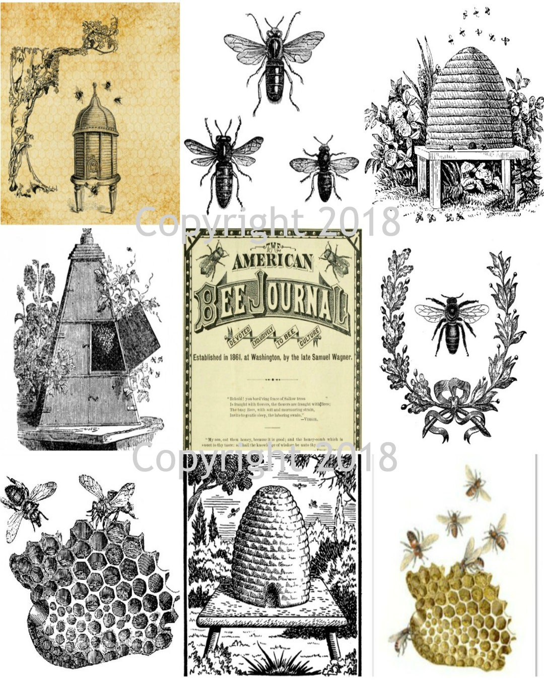 Printable Vintage Botanical Bees and Honeycombs Collage Sheet, Instant ...