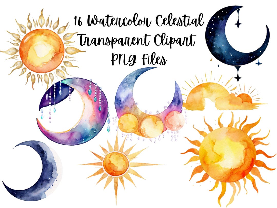 16 Watercolor Solar and Lunar Clipart Bundle | Sun and Moon ...