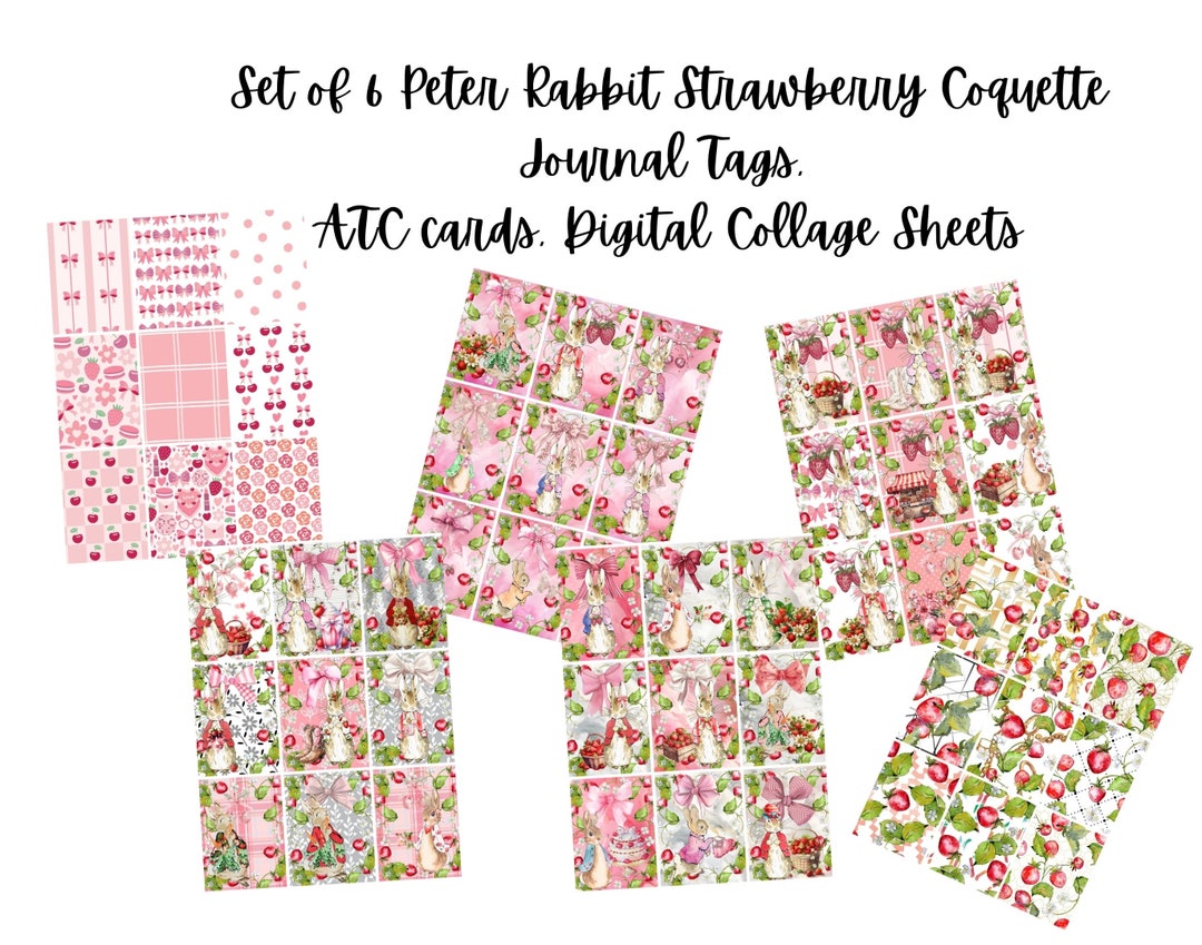 Set of 6 Peter Rabbit Strawberry Coquette Tags Collage Sheets, Design ...