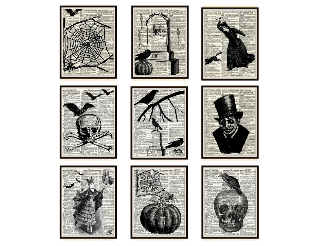 Set of 9 Spooky Halloween Art Print Posters on Reproduction Ephemera ...
