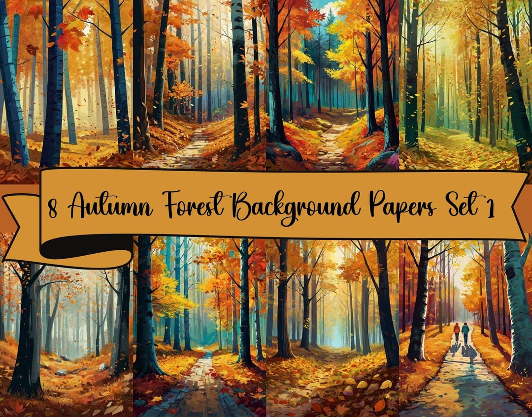 8 Watercolor Autumn Forest Background Sheets, Set 1, JPG Digital ...
