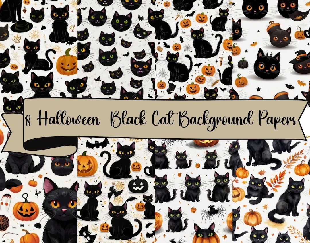 8 Halloween Black Cats Background Sheets, JPG Digital Background Papers ...