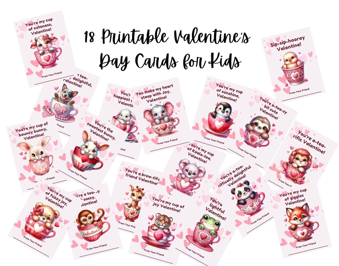 18 Printable Valentine's Day Cards for Kids. Animals in Tea Cups. DYI ...