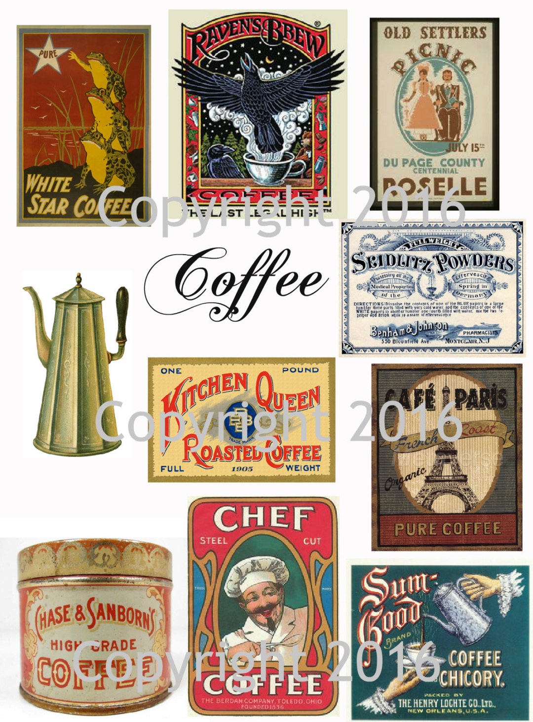Printable Vintage Ephemera Coffee Labels Collage Sheet Instant Digital ...