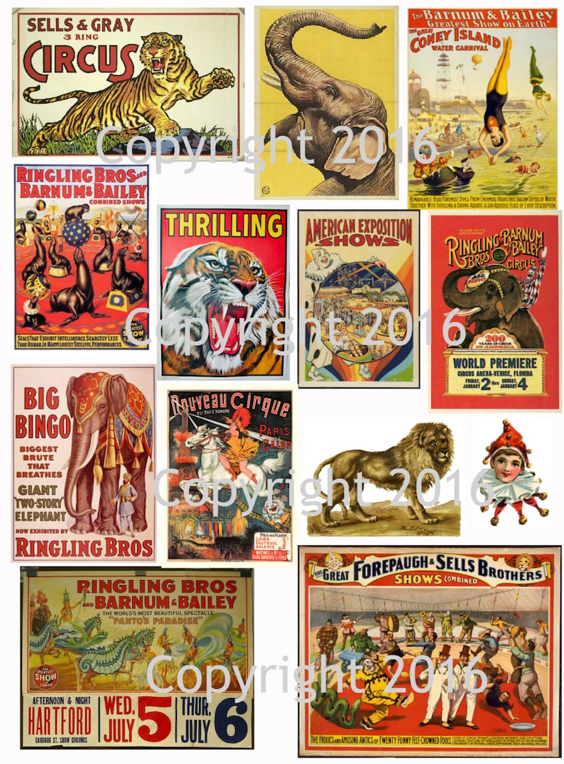 Victorian Images Circus Posters Collage Sheet #102, Digital Scrapbooking, Prints, Instant ...