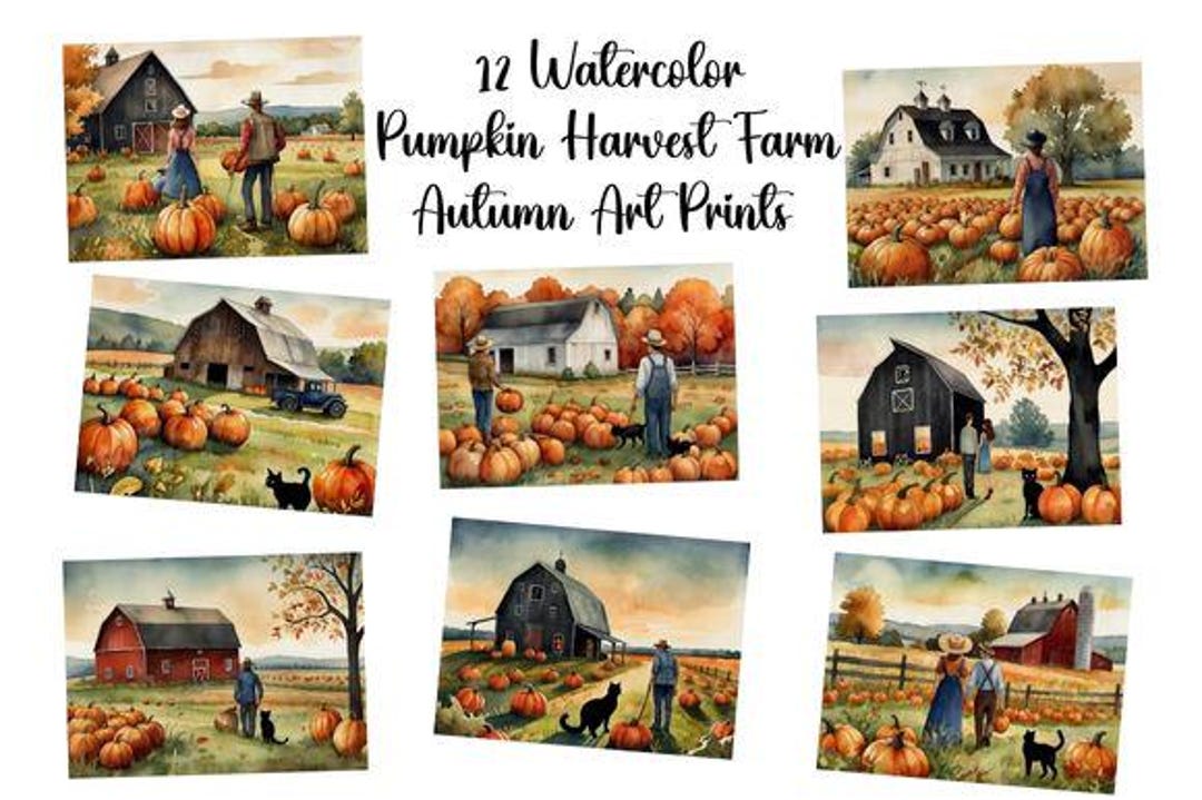 Set of 12 Colonial Americana Folk Art Autumn Prints "pumpkin Farm ...