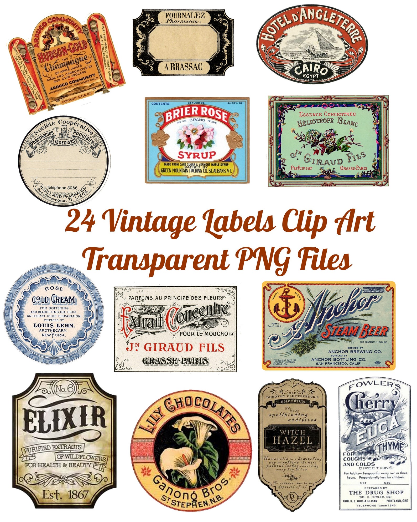 24 Vintage Label Images Clip Art Transparent PNG Files Instant - Etsy