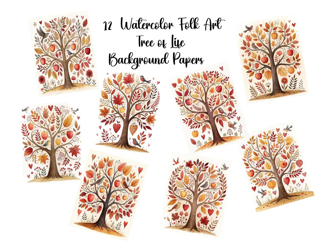 12 Folk Art Tree of Life Background Papers –printable Sheets, Art ...