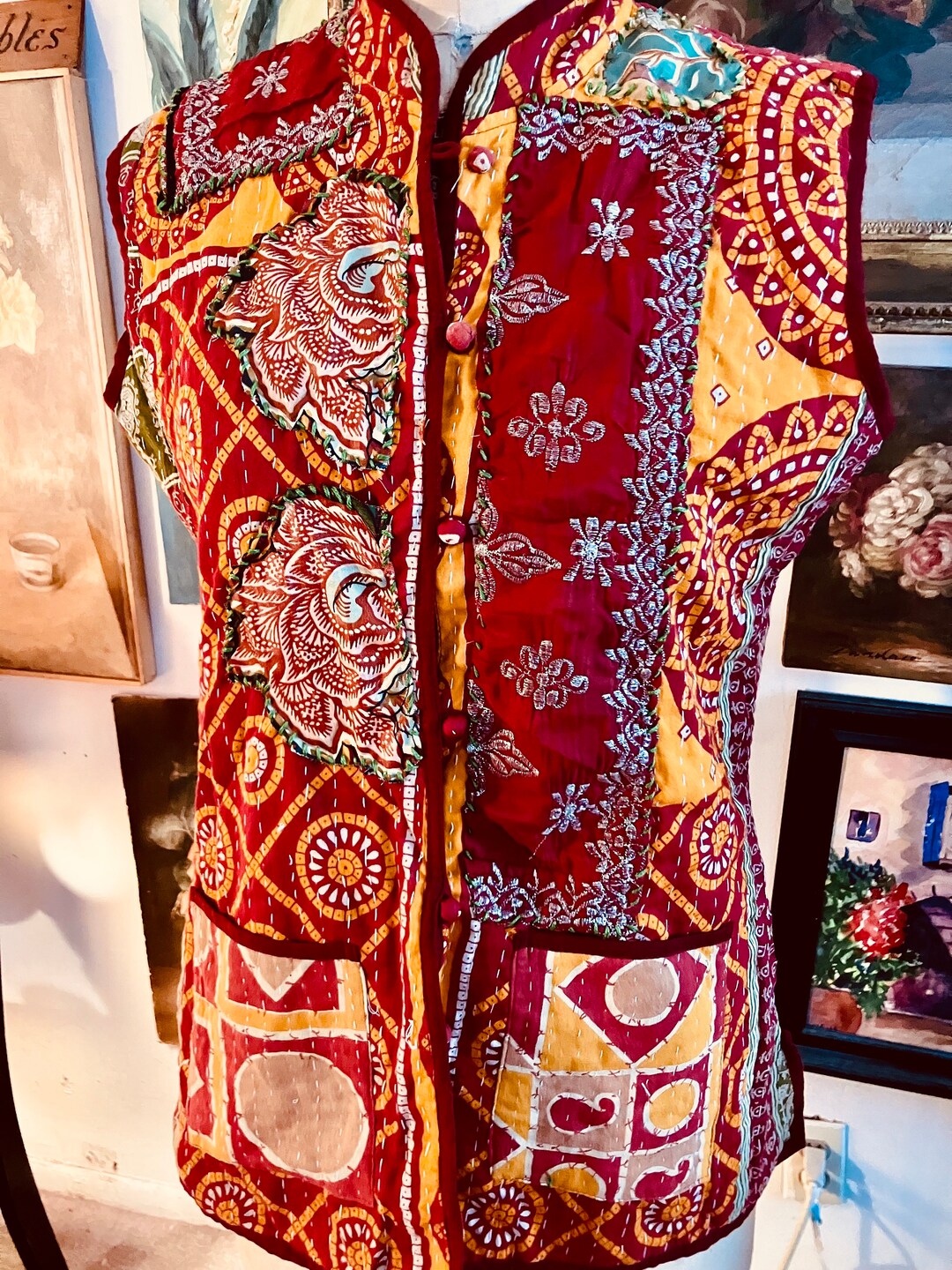 Kantha Vest Hand Embroidered With Antique Banjara , Vintage Chintz and ...