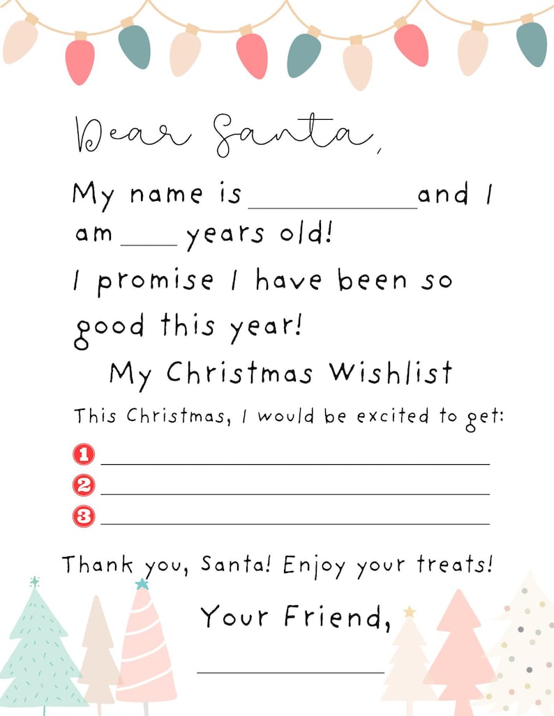 Letter to Santa Printable Christmas Wishlist Template Holiday Activity ...