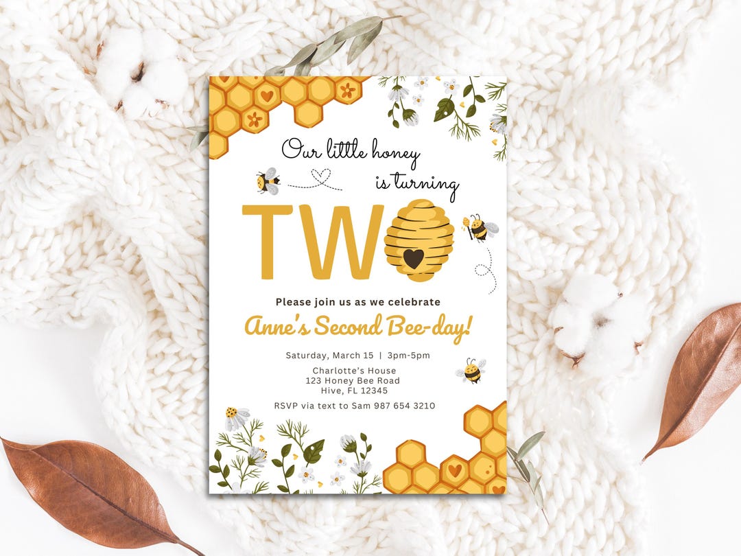 Bee Second Birthday Invitation, Second Bee Day Invite, 2nd Bee-day ...