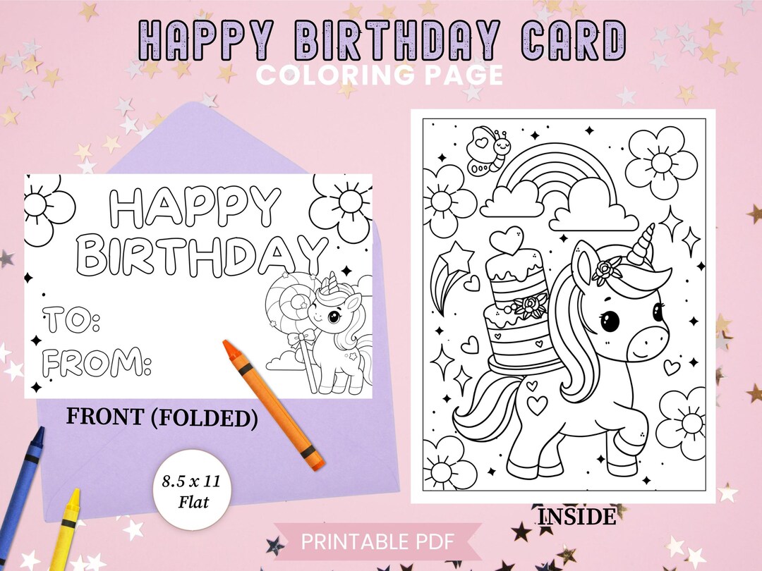 Unicorn Happy Birthday Coloring Card, Colouring Greeting Card for Kids ...