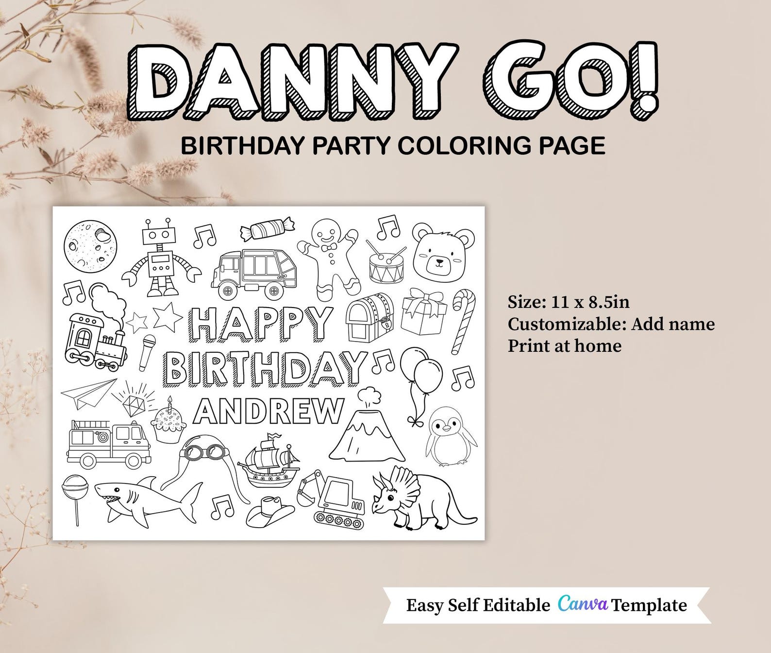 Danny Go Birthday Party Coloring Placemat for Kids Editable Template ...