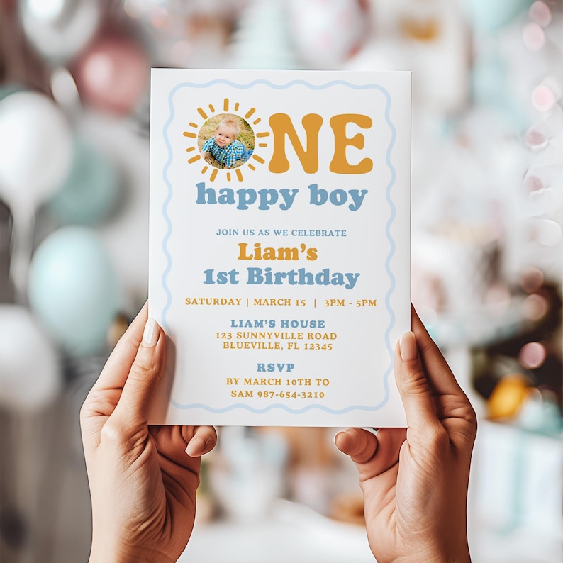 ONE Happy Boy Birthday Invitation, 1st Birthday Invitation, First ...