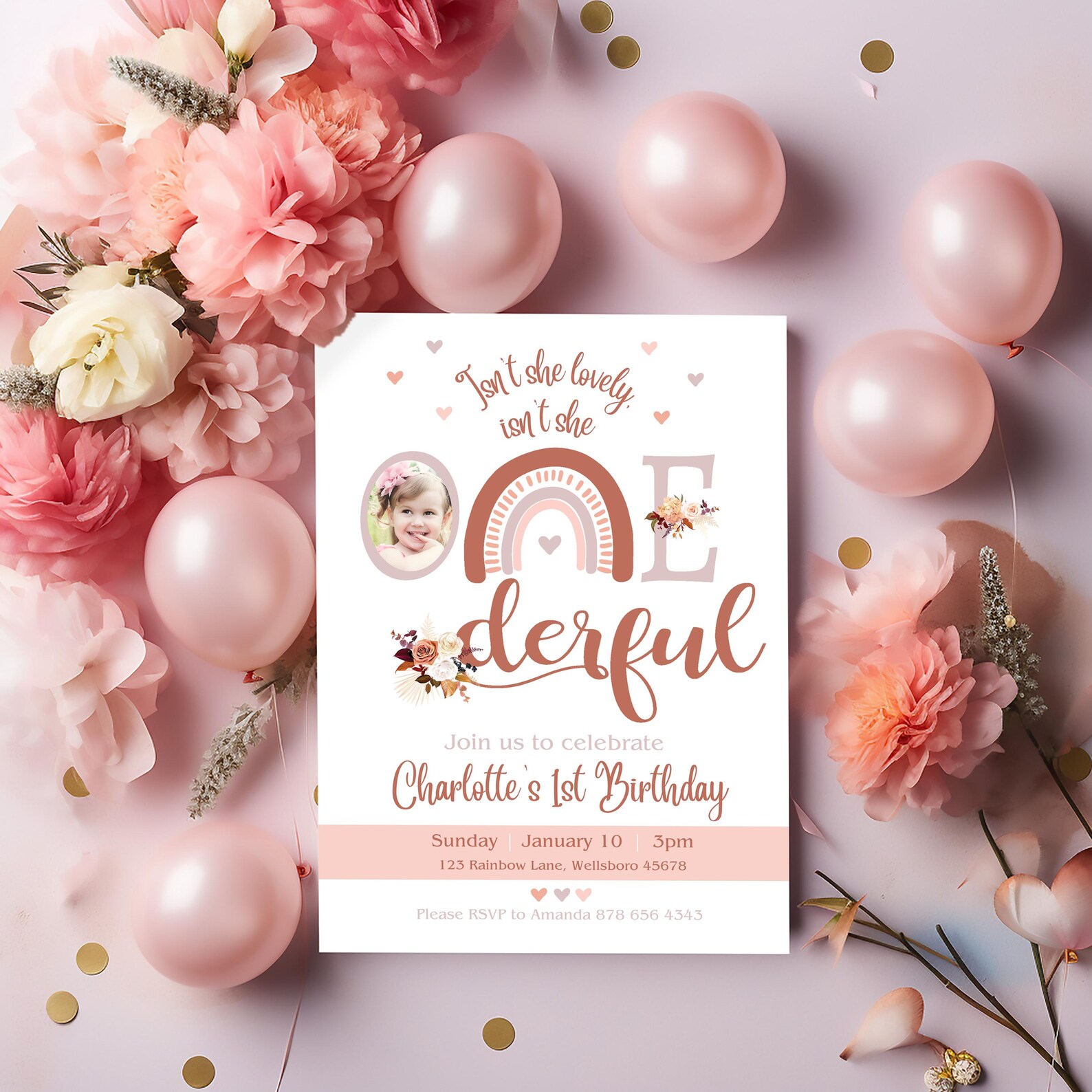 Boho Rainbow ONE Derful First Birthday Invitation. Flowers 1st Birthday ...