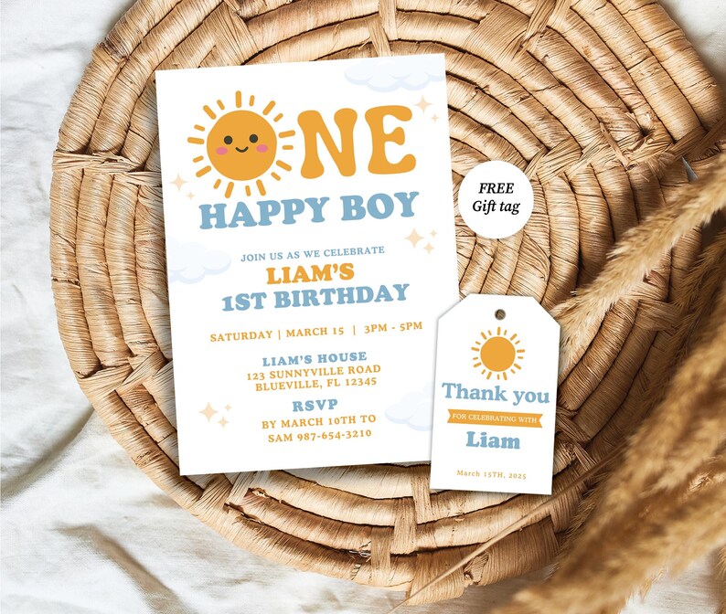 ONE Happy Boy Birthday Invitation, 1st Birthday Invitation, First ...
