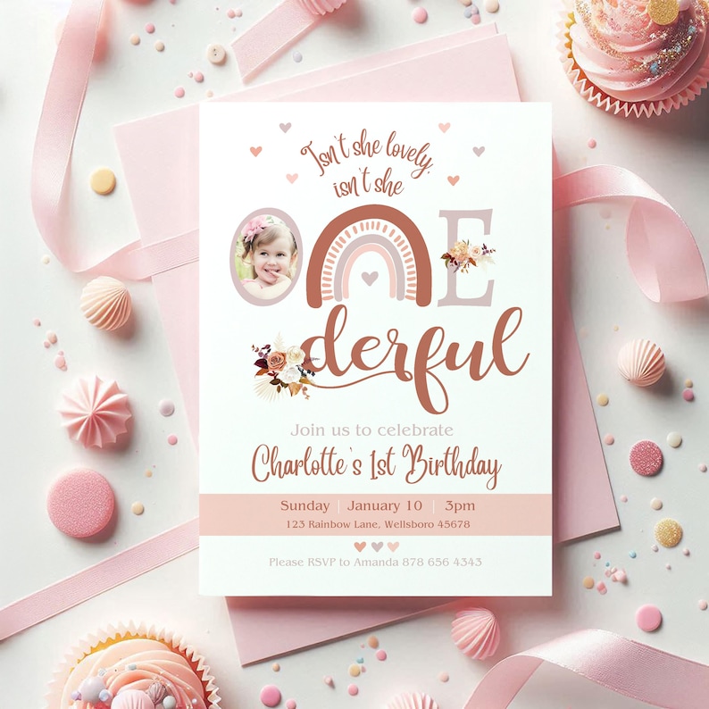 Boho Rainbow ONE Derful First Birthday Invitation. Flowers 1st Birthday ...