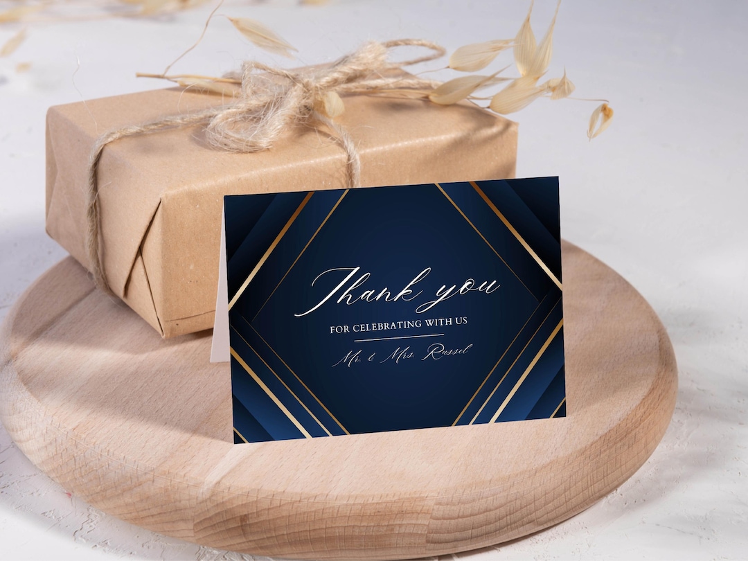 Blue and Gold Thank You Card, Navy Blue and Gold Thank You Note, Dark ...