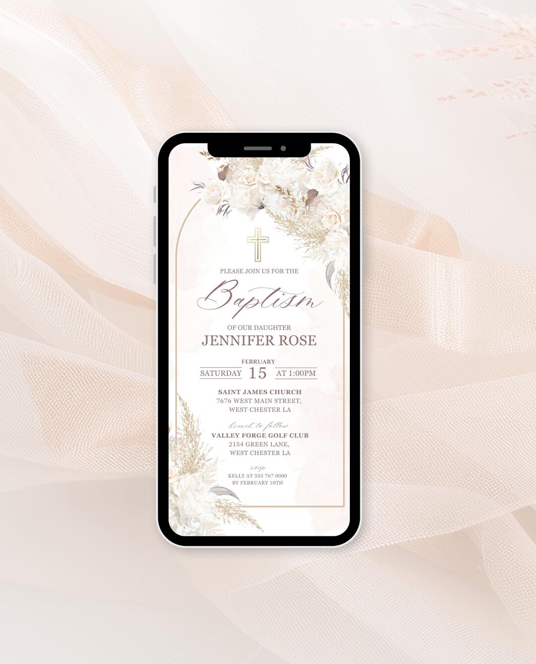 Elegant Baptism Invitation, Editable Boho Blush Christening Invite, 1st ...