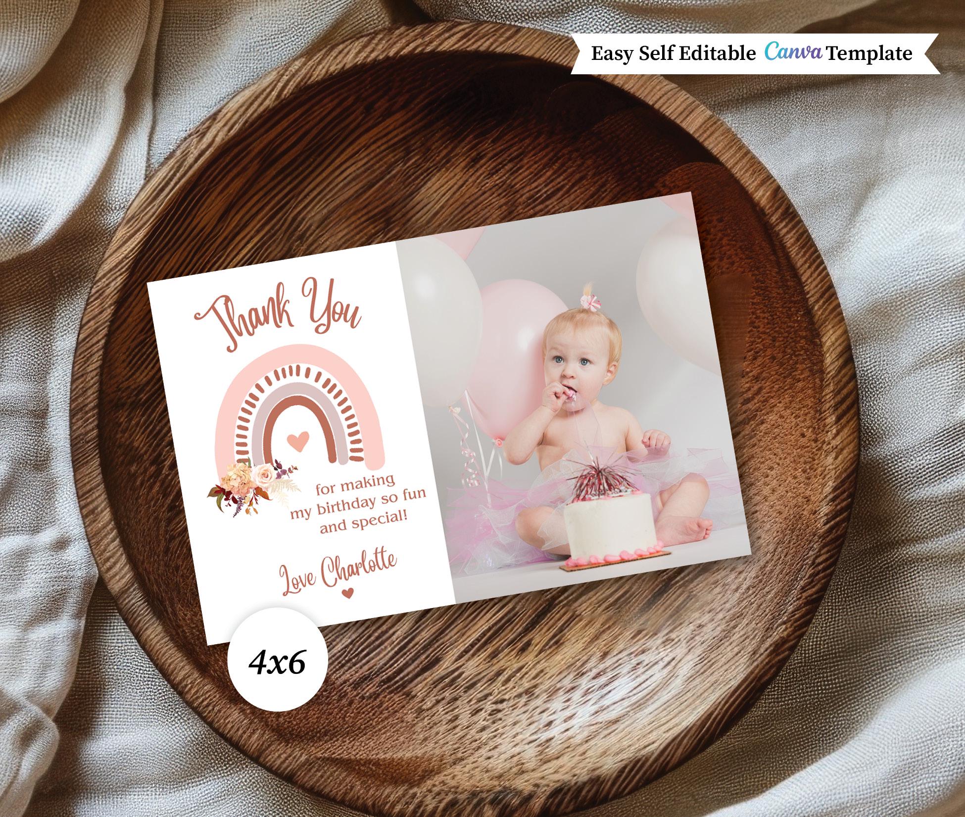 Boho Rainbow Birthday Thank You Card, Floral Birthday Party Thank You ...