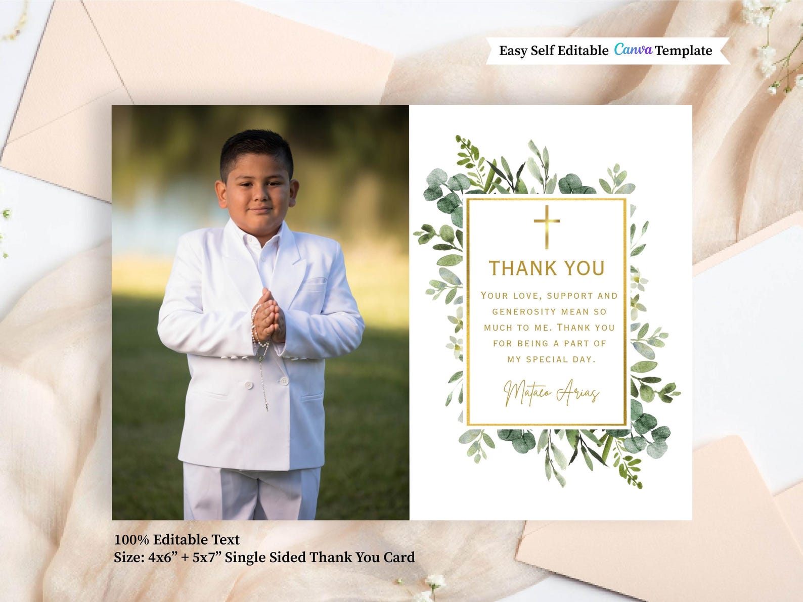 Greenery First Communion Thank You Card Template, First Holy Communion ...
