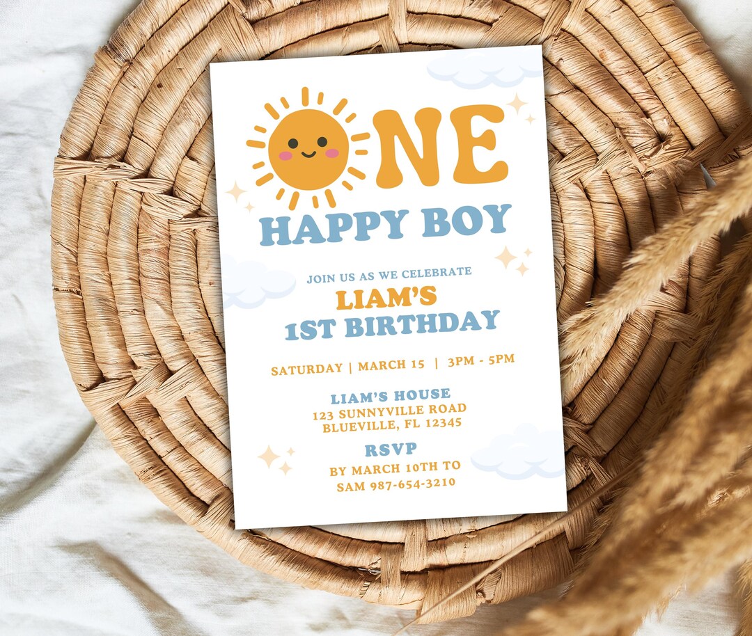 ONE Happy Boy Birthday Invitation, 1st Birthday Invitation, First ...
