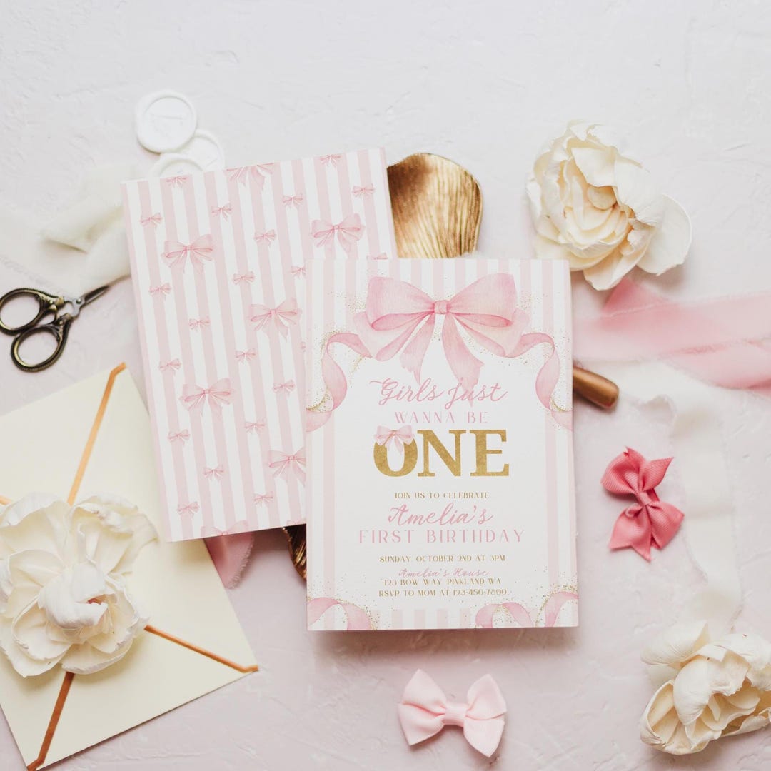 Girls Just Wanna Be ONE Invitation, Pink Bow Birthday Invite, Gold Pink ...