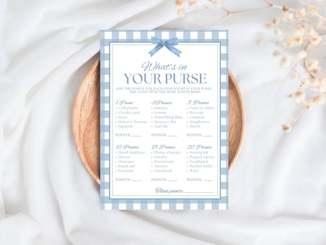 Blue Gingham Baby Shower Games, Whats in Your Purse Game, PDF Baby ...