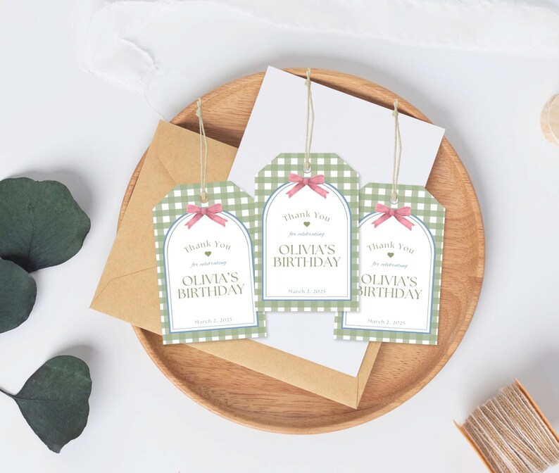 Green Checkered Favor Tag Template, Gingham Birthday, Folk Favor Tag ...